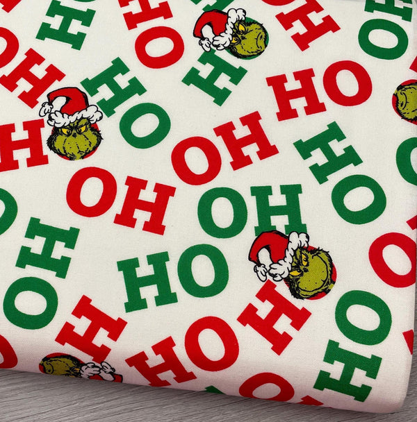 Grinch Fabric - Text Holiday Ho Ho Ho - How the Grinch Stole Christmas ...